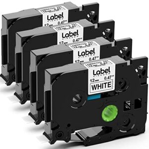 4 pack label maker tape compatible brother label maker tape tze-231 tze231 12mm 0.47 inch laminated white tape for brother p-touch pt-1290 pt-d210 pt-h100 ptd220 ptd600 labeler, black on white