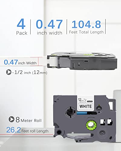 Aitaperste Compatible Tape Replacement for Brother TZe-231 TZe TZ Tape 12mm 0.47 Laminated White Compatible with Ptouch Label Maker PT-H110 PT-D210 PT-1290 PT-D600 PT-P700 PT-D450, 26.2 Feet, 4 Pack