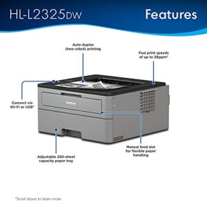 Brother L-2325DW Series Compact Monochrome Laser Printer I Wireless I Mobile Printing I Auto 2-Sided Printing I Print Up to 26 Pages/min I 250-sheet/tray I 1-line LCD Display + Printer Cable