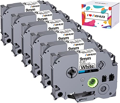 Hehua Compatible 9mm 0.35 Laminated White Tape Replace for Brother P-Touch TZe-221 TZe221 TZ221 TZ-221 TZe Label Tape for PTD210 PTD200 PTH110 PTD400 PTD600 PT1290 Printer ( Black on White, 6-Pack )