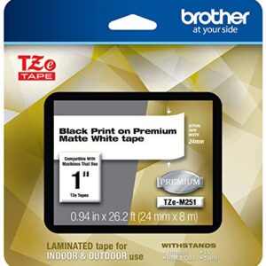 Brother P-touch TZe-M251 Black Print on Premium Matte White Laminated Tape 24mm (0.94”) wide x 8m (26.2’) long