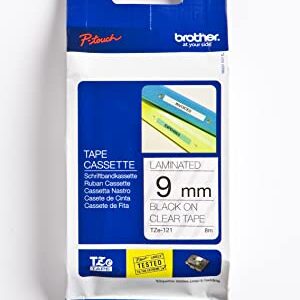 Brother Genuine P-Touch TZE-121 Tape, 9 mm (0.35") Standard Laminated P-Touch Tape, Black on Clear, Laminated for Indoor or Outdoor Use, Water-Resistant, 26.2 ft (8 m), Single-Pack