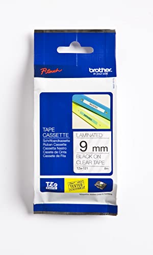 Brother Genuine P-Touch TZE-121 Tape, 9 mm (0.35") Standard Laminated P-Touch Tape, Black on Clear, Laminated for Indoor or Outdoor Use, Water-Resistant, 26.2 ft (8 m), Single-Pack