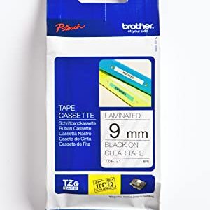 Brother Genuine P-Touch TZE-121 Tape, 9 mm (0.35") Standard Laminated P-Touch Tape, Black on Clear, Laminated for Indoor or Outdoor Use, Water-Resistant, 26.2 ft (8 m), Single-Pack