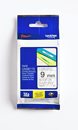 Brother Genuine P-Touch TZE-121 Tape, 9 mm (0.35") Standard Laminated P-Touch Tape, Black on Clear, Laminated for Indoor or Outdoor Use, Water-Resistant, 26.2 ft (8 m), Single-Pack