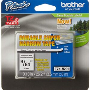 Brother Genuine P-touch TZE-N201 Tape, 9/64" (0.13") Wide Super-Narrow Non-Laminated Tape, Black on White, Recommended for Home and Indoor Use, 0.13" x 26.2' (3.5mm x 8M), Single-Pack, TZEN201