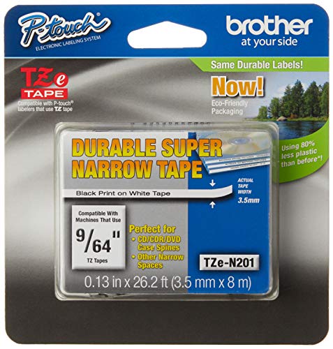 Brother Genuine P-touch TZE-N201 Tape, 9/64" (0.13") Wide Super-Narrow Non-Laminated Tape, Black on White, Recommended for Home and Indoor Use, 0.13" x 26.2' (3.5mm x 8M), Single-Pack, TZEN201