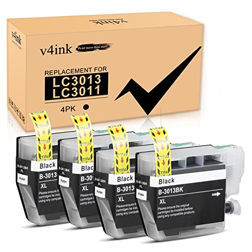 v4ink LC3013 LC3011 Compatible Replacement for Brother LC3013 LC3011 3011 3013 Ink for Brother MFC-J690DW MFC-J497DW MFC-J491DW MFC-J895DW Printer(Black, 4 Pack)