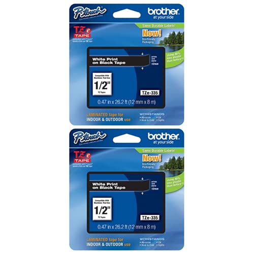 Brother Genuine P-Touch 2-Pack TZe-335 Laminated Tape, White Print on Black Standard Adhesive Laminated Tape for P-Touch Label Makers, Each Roll is 0.47"/12mm (1/2") Wide, 26.2 ft. (8M) Long