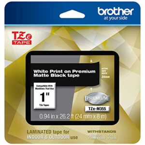 brother p-touch tze-m355 white print on premium matte black laminated tape 24mm (0.94”) wide x 8m (26.2’) long