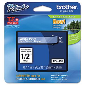 Brother 1/2 Inch x 26.2 Feet White on Clear for P-Touch (TZ135)