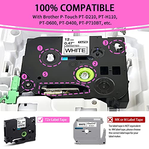 Compatible Brother TZe TZ Tape 12mm 0.47" Label Maker Tape TZe-231 TZeMQP35 TZeMQF31 TZeMQ531 TZeMQE31 TZeMQY31 Laminated Tape for Brother P Touch PT H110 D200 D210 D400 D600, 6 Pack