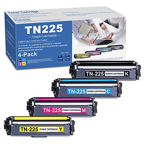 TN225 High Yield Toner Cartridge 4 Pack, TN225BK TN225C TN225M TN225Y Replacement for Brother TN225 Toner Cartridge Set MFC-9130CW MFC-9340CDW MFC-9330CDW HL-3170CDW HL-3140CW Printer, TN225-4P BCMY