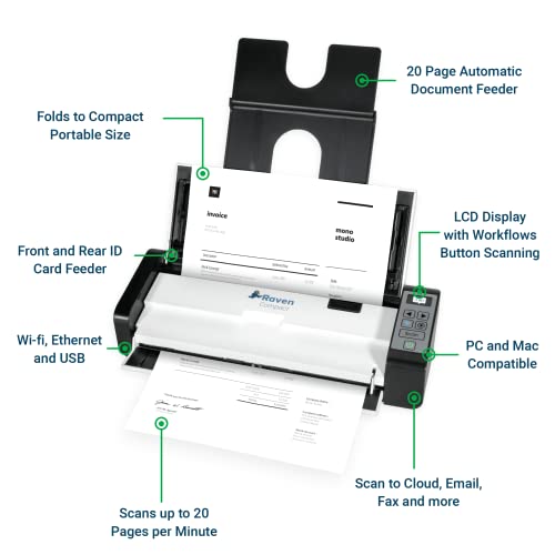 Raven Compact Document Scanner - Wireless Scanning to Mac or Windows PC, Fast Duplex Scan Speeds, Ideal for Home or Office, Includes Raven Desktop Software