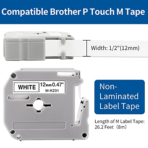 5-Pack Compatible Brother P Touch M-231 M Tape M-K 231 431 531 631 731 Label Tape for Brother PT-65 PT-90 PT-M95 PT-70BM PT-45 Label Maker,12mm 0.47 White/Red/Blue/Yellow/Green