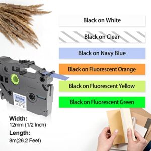 6 Pack Label Tape Compatible with P-Touch Label Tape 12mm 0.47 inch TZe Tape White/Clear/Navy Blue/Fluorescent Yellow/Orange/Green Replacement for Brother P Touch Label Maker T-D210 PT-H110 D600