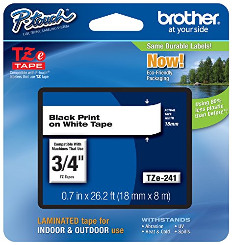 Genuine Brother 3/4" (18mm) Black on White TZe P-Touch Tape for Brother PT-E300, PTE300 Label Maker with Free TZe Tape Guide Included