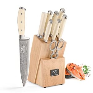 nanfang brothers knife set, 9 pieces damascus knife sets for kitchen with block, abs triple rivet ergonomic handle for chef knife set, knife sharpener and kitchen shears, knife block set