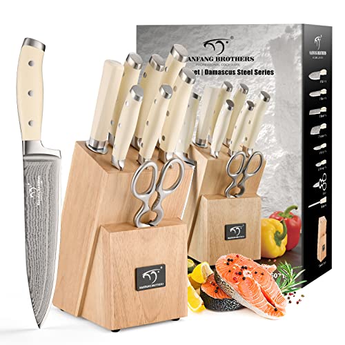 NANFANG BROTHERS Knife Set, 9 Pieces Damascus Knife Sets for Kitchen with Block, ABS Triple Rivet Ergonomic Handle for Chef Knife Set, Knife Sharpener and Kitchen Shears, Knife Block Set