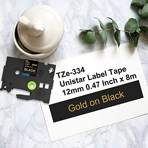 Unistar Ptouch Tape 12mm 0.47 Compatible for Brother Ptouch Lable Maker Gold on Black Tape TZE334 TZ334 TZ-334, Compatible for Brother P-Touch PT-D210 PT-H100 PT-D400AD PT-1280, 3 Pack