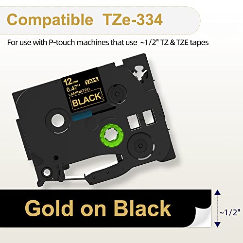 Unistar Ptouch Tape 12mm 0.47 Compatible for Brother Ptouch Lable Maker Gold on Black Tape TZE334 TZ334 TZ-334, Compatible for Brother P-Touch PT-D210 PT-H100 PT-D400AD PT-1280, 3 Pack