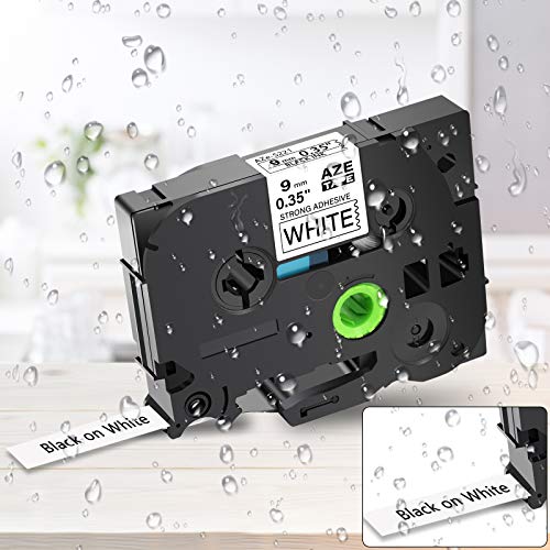 GREENCYCLE Extra Strength Adhesive Black on White Label Tape Compatible for Brother TZE-S221 TZS221 AZES221 0.35 Inch 9mm for PT-E550W PT2430PC 1890C PT-D210 PTP300BT PT-1010 PTH100 PTH110 D200-5 Pack