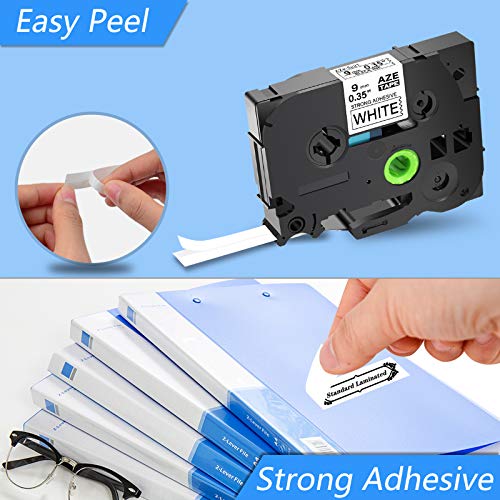 GREENCYCLE Extra Strength Adhesive Black on White Label Tape Compatible for Brother TZE-S221 TZS221 AZES221 0.35 Inch 9mm for PT-E550W PT2430PC 1890C PT-D210 PTP300BT PT-1010 PTH100 PTH110 D200-5 Pack