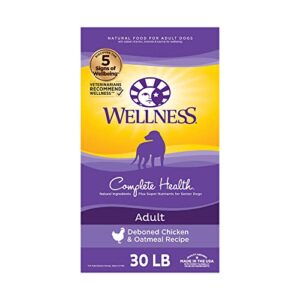 wellness complete health dry dog food with grains, natural ingredients, made in usa with real meat, all breeds, for adult dogs (chicken & oatmeal, 30-pound bag)