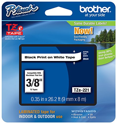 Genuine Brother 3/8" (9mm) Black on White TZe P-Touch Tape for Brother PT-2100, PT2100 Label Maker with Free TZe Tape Guide Included