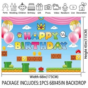 68x45inch Fabric Video Game Birthday Backdrop Cartoon Super Brother Photography Background Adventure Gold Coin Mushroom Princess for Girl Party Decor Baby Shower Supplies Photo Banner Booth