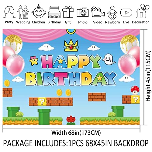 68x45inch Fabric Video Game Birthday Backdrop Cartoon Super Brother Photography Background Adventure Gold Coin Mushroom Princess for Girl Party Decor Baby Shower Supplies Photo Banner Booth