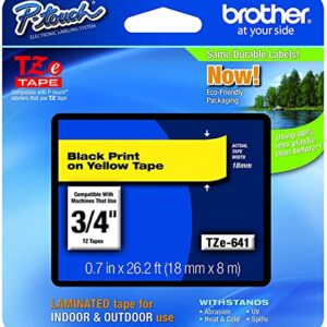 Brother Genuine P-Touch TZE-641 Tape, 3/4" (0.7") Standard Laminated P-Touch Tape, Black on Yellow, for Indoor or Outdoor Use, Water-Resistant, 26.2 ft (8 m), Single-Pack (3)