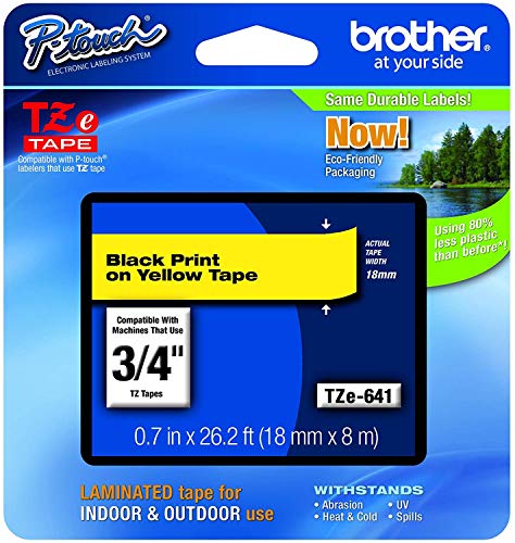 Brother Genuine P-Touch TZE-641 Tape, 3/4" (0.7") Standard Laminated P-Touch Tape, Black on Yellow, for Indoor or Outdoor Use, Water-Resistant, 26.2 ft (8 m), Single-Pack (3)