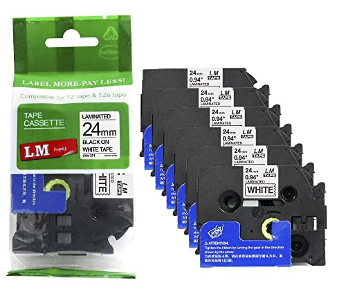 6/Pack LM Tapes - LMe-251 Premium 1" Black Print on White Label Compatible with Brother TZe-251 P-Touch and Includes Tape Color/Size Guide. Replaces TZ251 24mm 0.94 Laminated