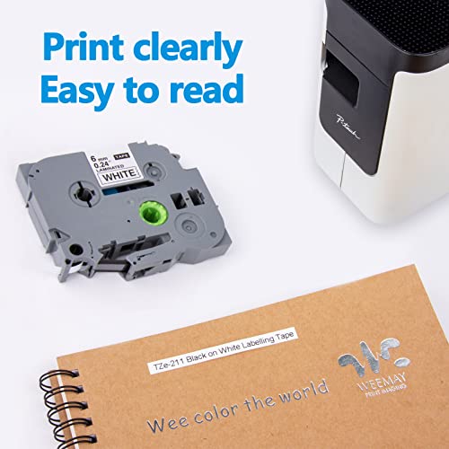 Weemay 3 Pack TZe 6mm 0.23 Laminated White TZ Tape Compatible for Brother Label Maker Tape TZe-211 TZe211 TZ-211 TZ211 1/4 Black on White Label for PTD220 PTD600 PT-D410 PTH110BP Printer, 26.2 Feet