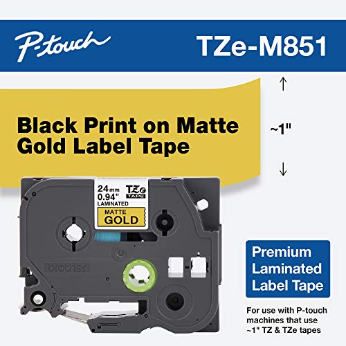 Brother P-touch TZe-M851 Black Print on Premium Matte Gold Laminated Tape 24mm (0.94”) wide x 8m (26.2’) long