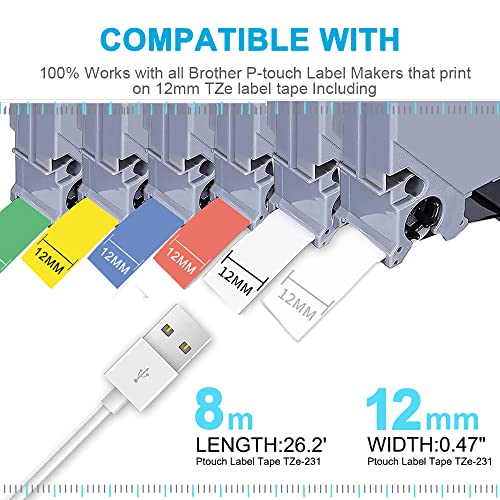 DSY360 Compatible Label Tape Replacement for Brother TZe-231 TZe-131 TZe-431 TZe-531 TZe-631 TZe-731 12mm 0.47 Laminated White/Clear/Colors TZe Tape for PT-D210 PT-D200 PT-H100 H110 D400 (6 Pack)