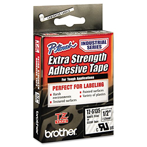 Brother Tzes135 Tz Extra-Strength Adhesive Laminated Labeling Tape, 1/2-Inch W, White On Clear