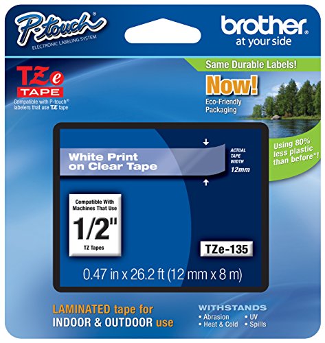 Brother Genuine TZe-135 1/2" White on Clear Standard Laminated Tape for P-Touch Labeler, 4 Pack