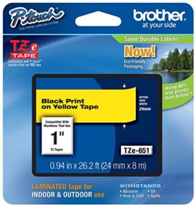 brother laminated tape black on yellow, 24mm (tze651) – retail packaging (2, black on yellow)