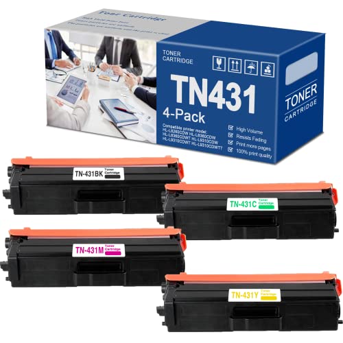 4-Pack TN431C TN431M TN431Y TN431K Toner Cartridge Replacement for Brother HL-L8260CDW HL-L8360CDW HL-L8360CDWT HL-L9310CDW Printer.(1Cyan 1Magenta 1Yellow 1Black)