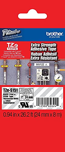 Brother Tzes151 Tze Extra-Strength Adhesive Laminated Labeling Tape, 1-Inch W, Black On Clear