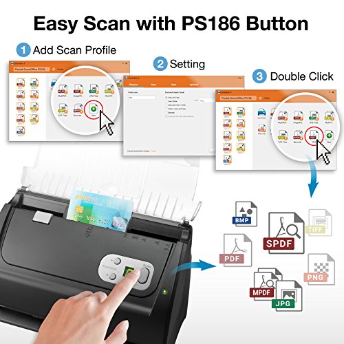 Plustek PS186 Desktop Document Scanner, with 50-pages Auto Document Feeder (ADF). For Windows 7 / 8 / 10 / 11 (Intel/AMD only)