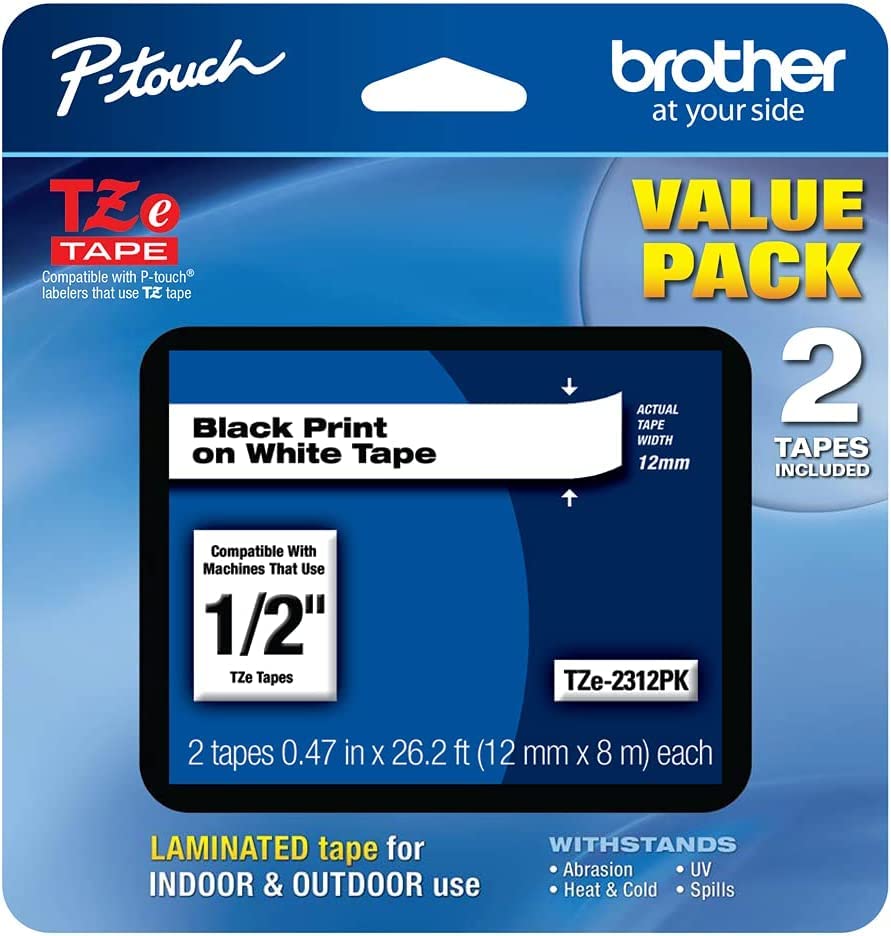 Genuine OEM brand name Brother TZeTape Black on White for PT200 1/2" 26' (2 Pack) TZE2312PK by Brother