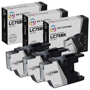 ld compatible ink cartridge printer replacement for brother lc75bk high yield (black, 3-pack)