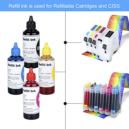 Inkjet Printer Refill Dye Ink kit 4 Color for LC201 LC203 LC205 Refillable Cartridges and CISS, for MFC-J460DW MFC-J680DW MFC-J885DW MFC-J5520DW MFC-J5620DW MFC-J5720DW