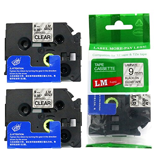 2/Pack LM Tapes - LMe121 Premium 3/8" Black Print on Clear Label Compatible with P-Touch TZe121 Tape and Includes Tape Color/Size Guide. Replaces Ptouch TZ121 9mm 0.35 Laminated.