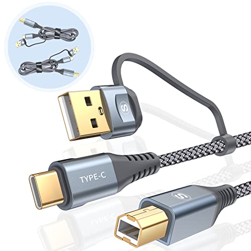 USB-B to USB-C/A Printer Cable 2-in-1 [2-Pack, 10FT] USB C MIDI Cable Nylon Braid High-Speed Printer Cord for MacBook Pro/Air, Casio Digital Piano MIDI Controller, HP Canon Dell Epson Brother Samsung