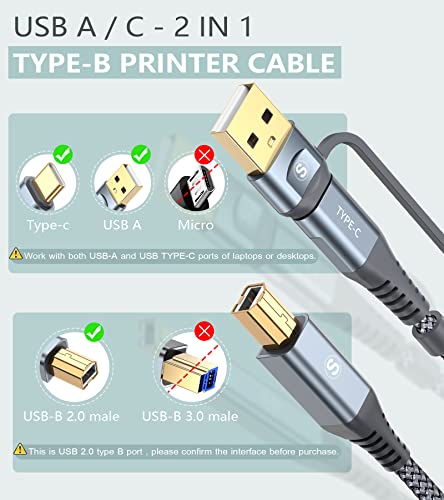 USB-B to USB-C/A Printer Cable 2-in-1 [2-Pack, 10FT] USB C MIDI Cable Nylon Braid High-Speed Printer Cord for MacBook Pro/Air, Casio Digital Piano MIDI Controller, HP Canon Dell Epson Brother Samsung