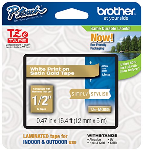 Genuine Brother 1/2" (12mm) White on Satin Gold TZe P-Touch Tape for Brother PT-D400, PTD400 Label Maker